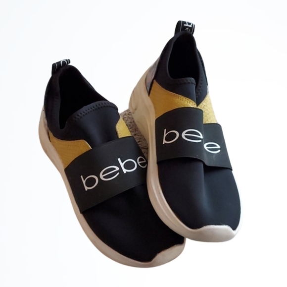 bebe | Shoes | Bebe Womens Ladds Logo Slip On Black Gold Fashion ...